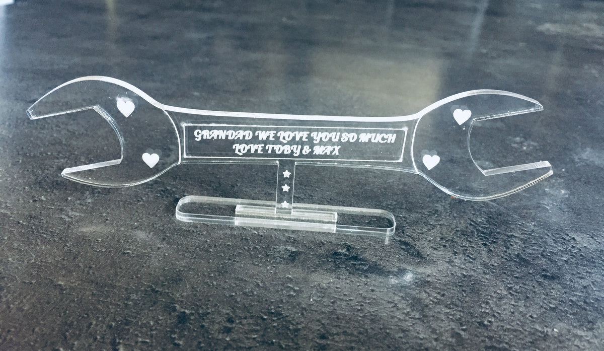 Acrylic personalised spanner decoration | Laser LLama Designs Ltd