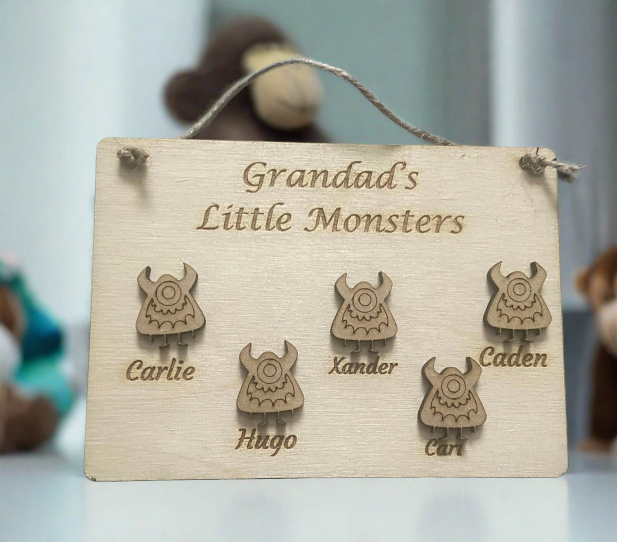 Wooden personalised little monsters plaque | Laser LLama Designs Ltd